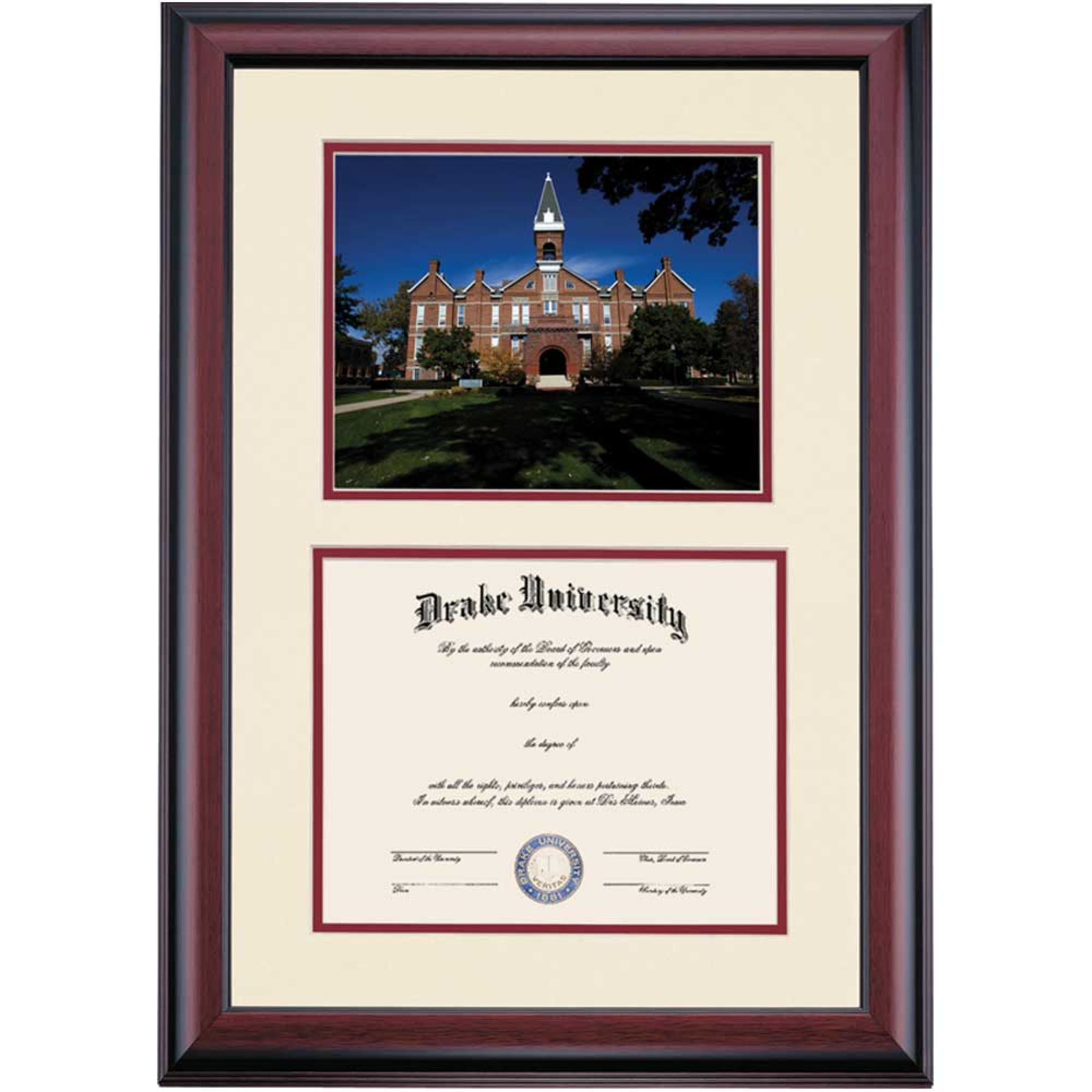 OCM Diploma Frame for Drake University, Ivory/Maroon Mat with Old Main ...
