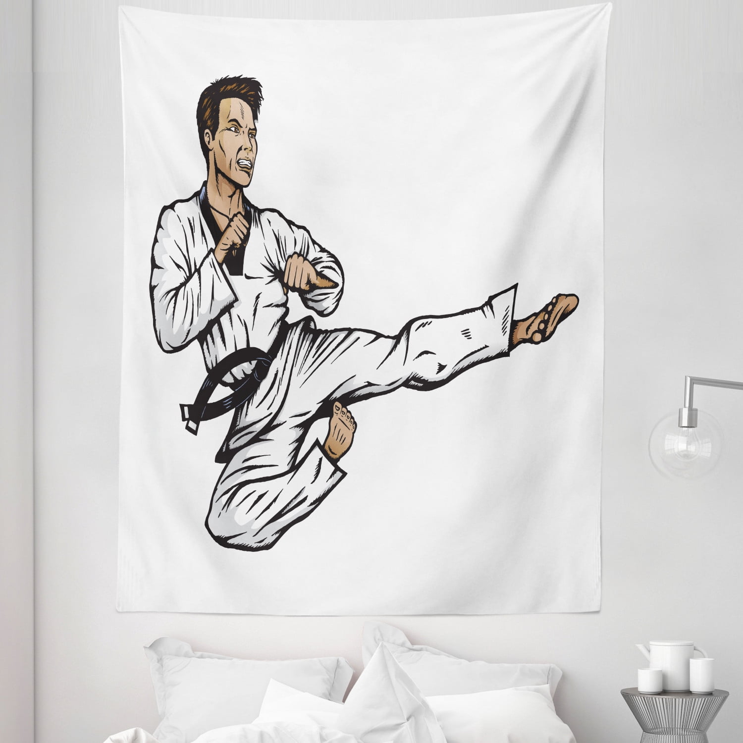 Karate Tapestry, Senpai with Black Belt Jump Side Kicking Martial Arts ...