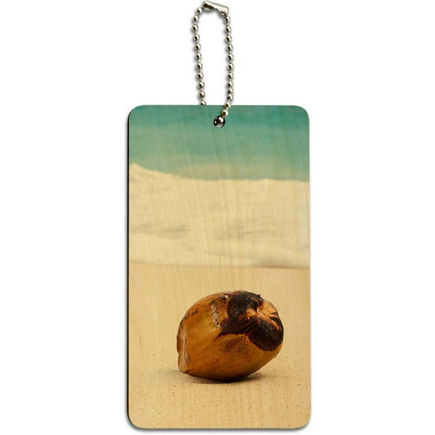 Coconut on Beach Tropical Deserted Island Wood ID Tag Luggage Card for ...