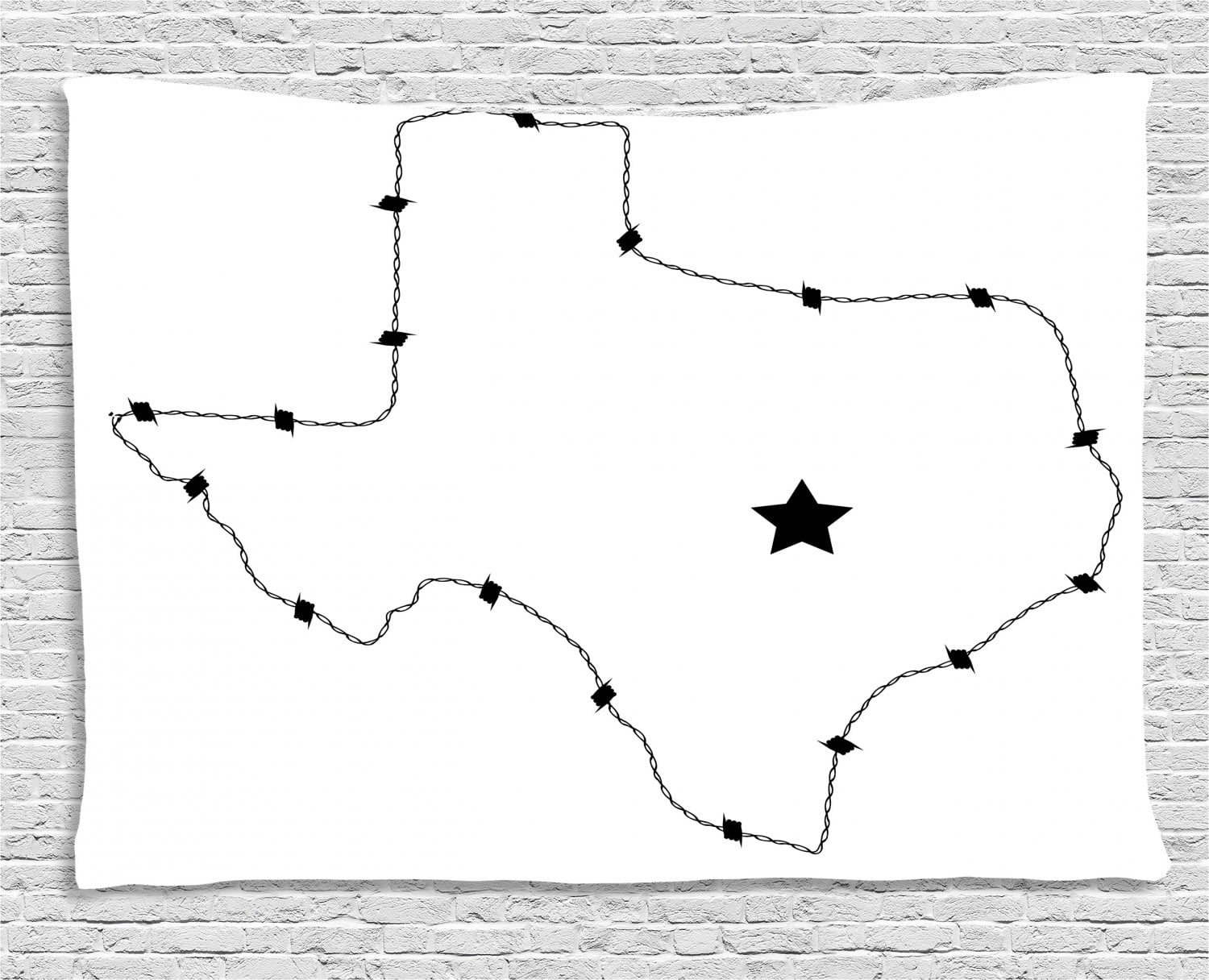 Texas Star Tapestry, USA State Map with Barbed Wire Pattern Monochrome ...