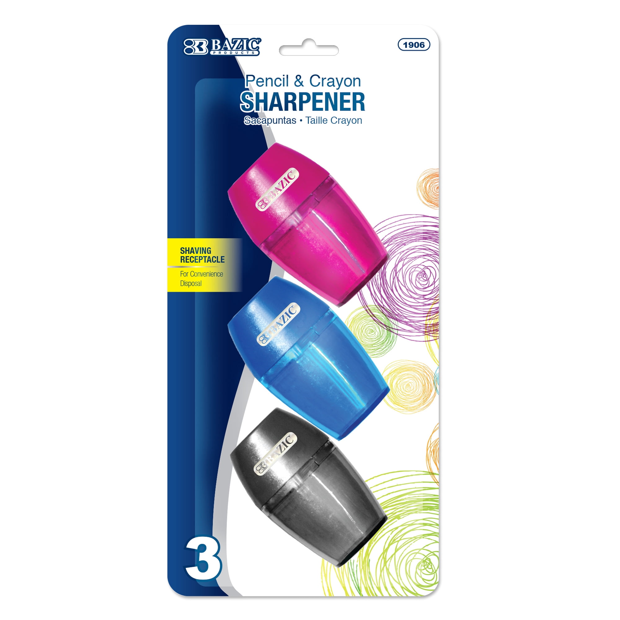 BAZIC Pencil Sharpener Single Hole Blade w/ Receptacle, (3/Pack), 1 ...