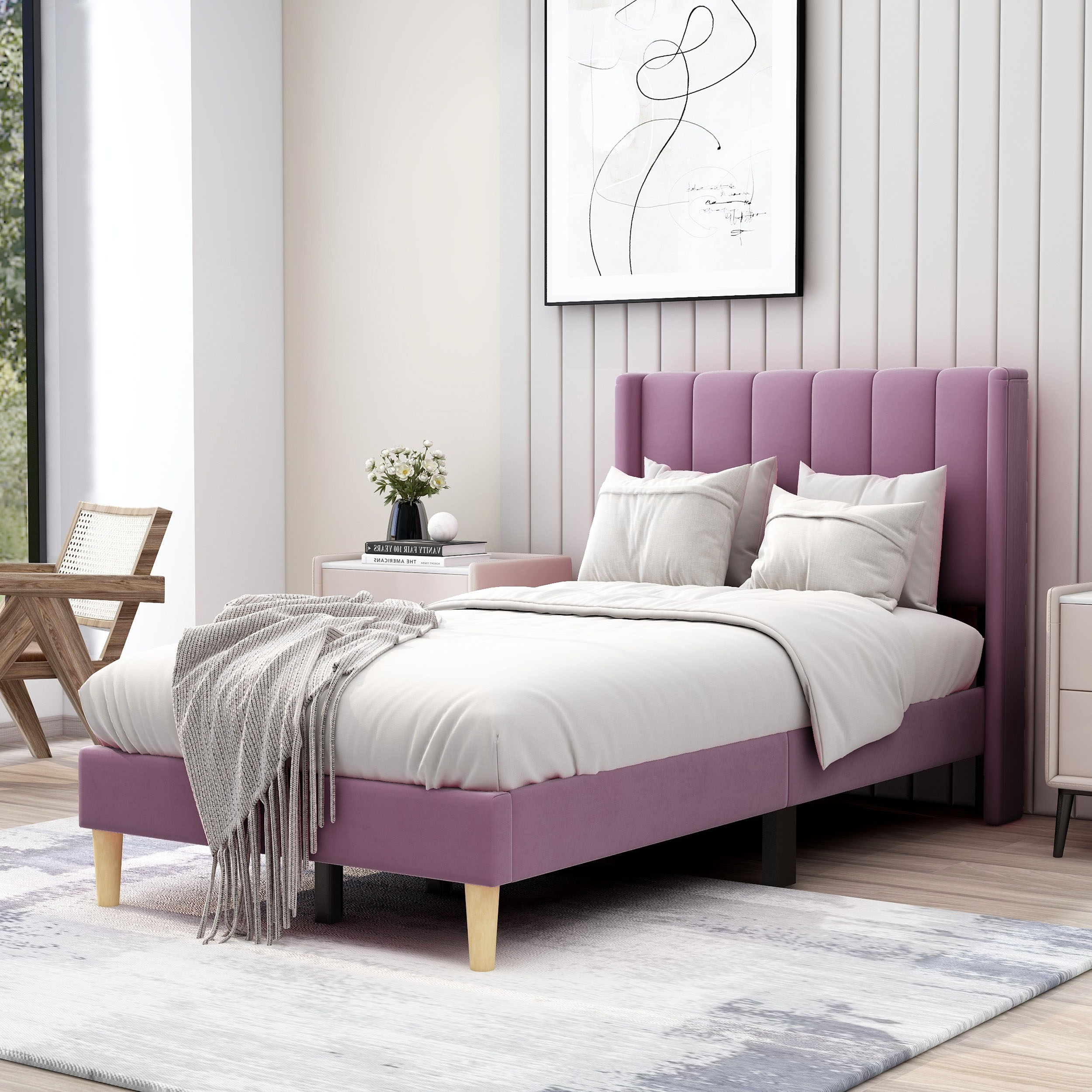 AUFANK Twin Bed Frame Upholstered Platform with Wooden Slats, Noise ...