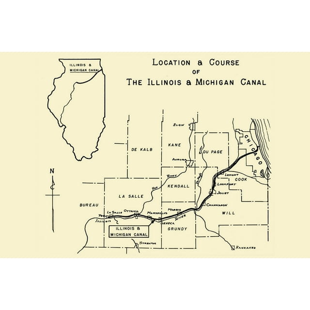 24x36 gallery poster, map of location and course of the Illinois and ...