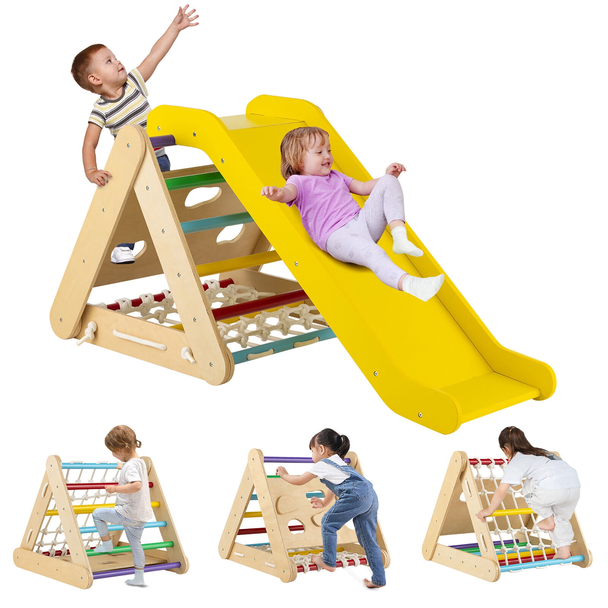 Gymax 4 in 1 Wooden Climbing Triangle Set Triangle Climber w/ Ramp ...