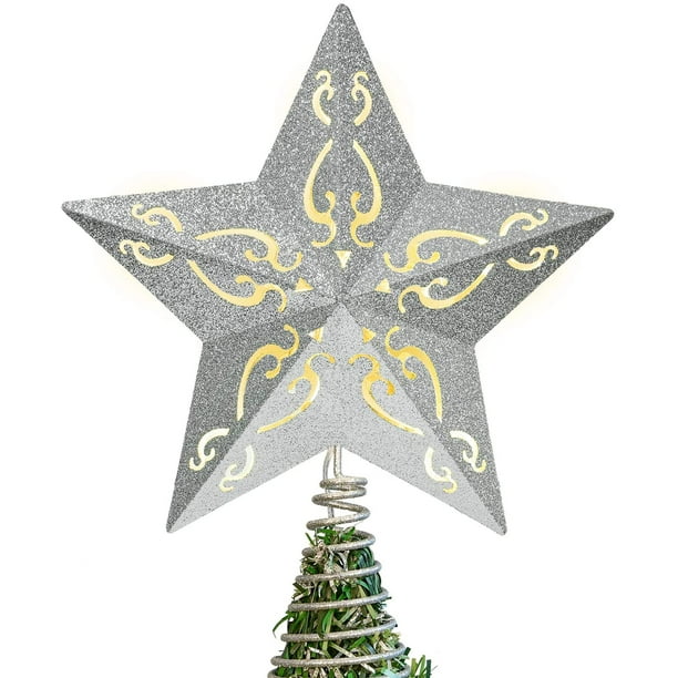 HTAIGUO 11.7 Inch Silver Christmas Star Tree Topper with LED Light ...
