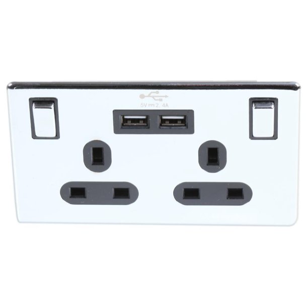 PRO ELEC Screwless Switched Socket with 2 USB Ports 2 Gang 13A Black ...