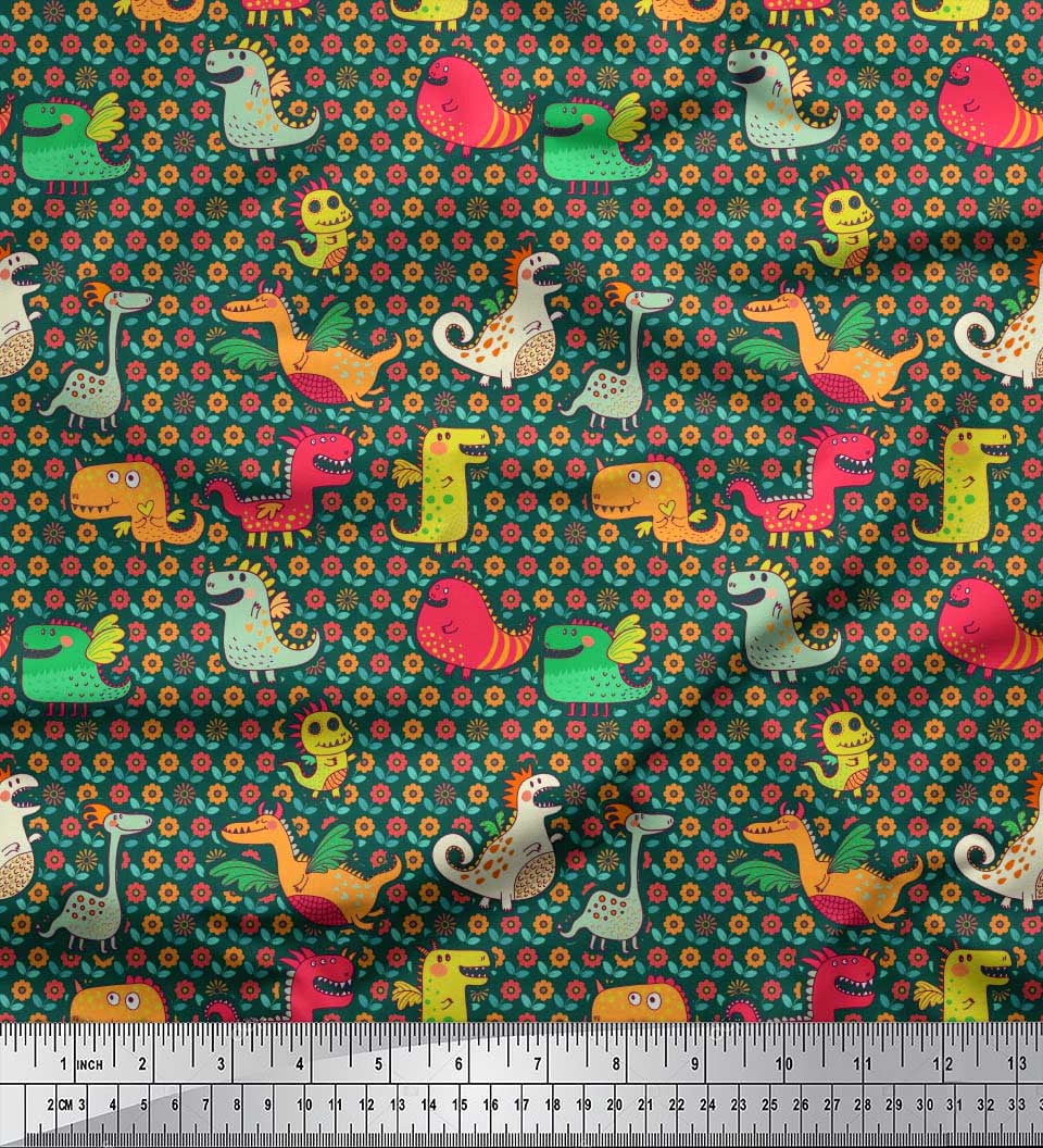 Soimoi Cotton Duck Fabric Floral & Dinosaur Cartoon Print Fabric by The ...