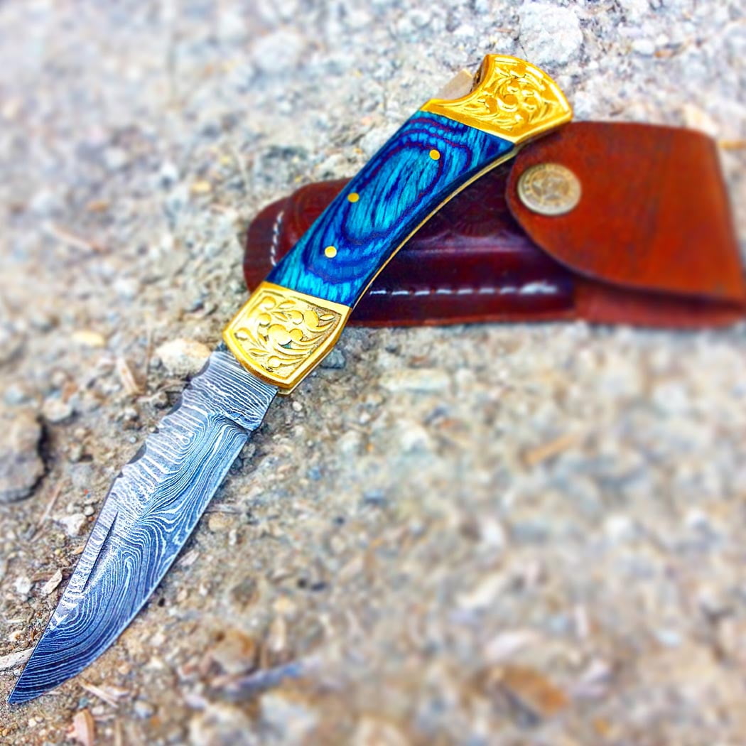 TheBoneEdge 7' Hand Made Damascus Blade Folding Knife Pakkawood Handle ...