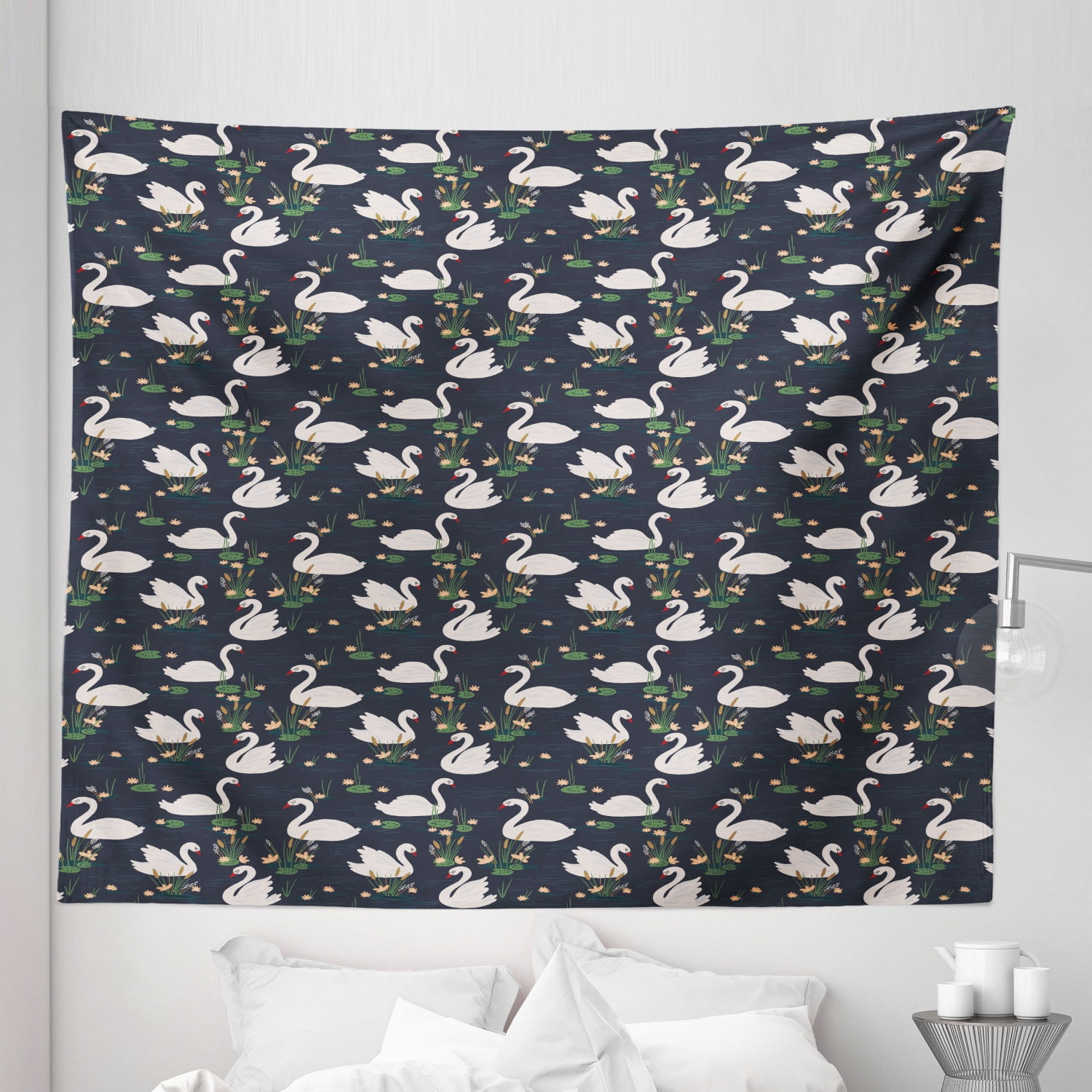 Swan Tapestry, Pond Lilies and Cattails Growth Plain Colored Waterfowls ...