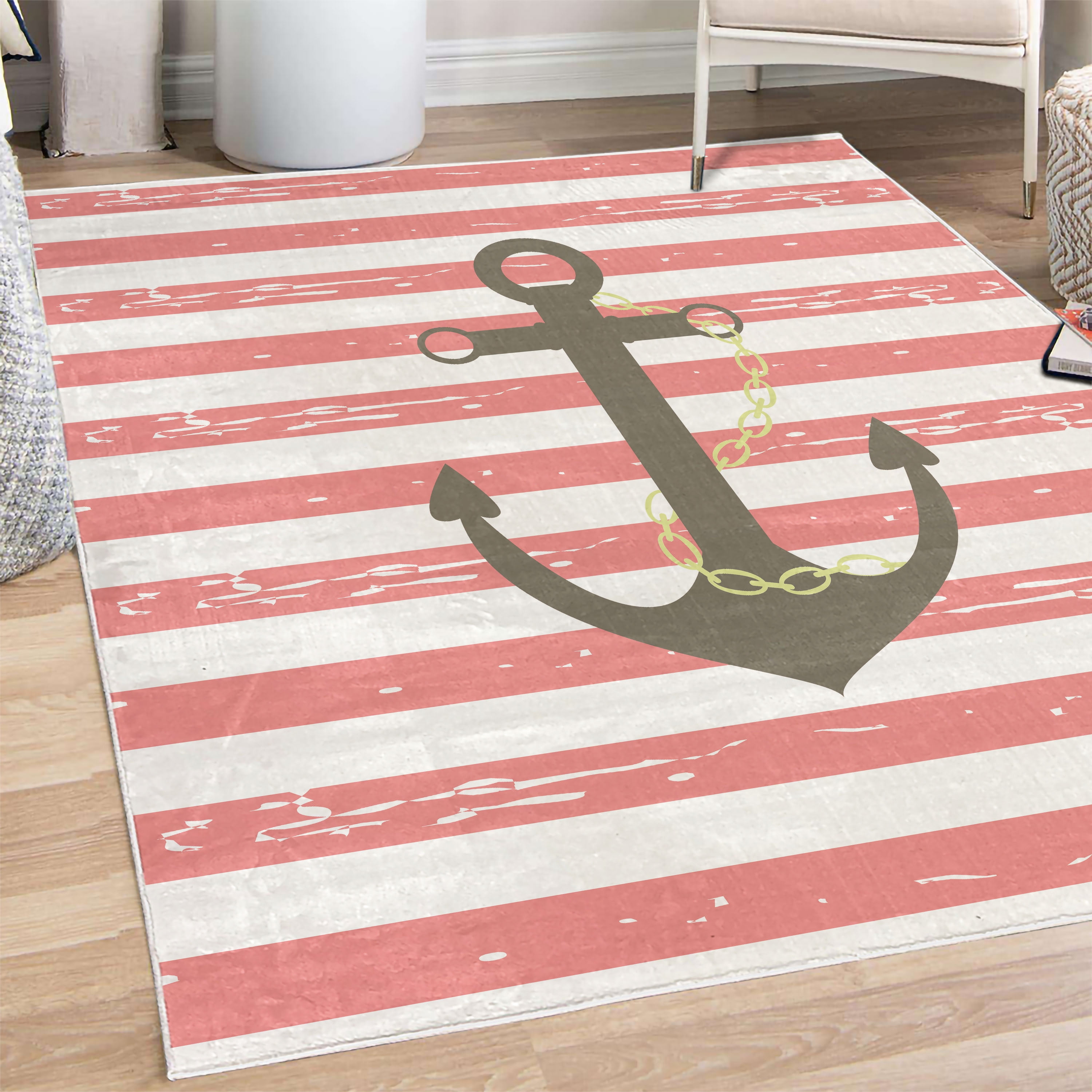 Striped Decorative Rug, Ship Anchor Chain Marine Life Inspired Lines ...
