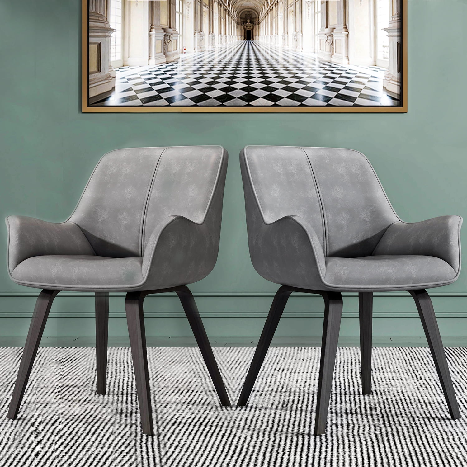 Homy Grigio Faux Leather Dining Chairs Set of 2 with Armrest, Kitchen ...