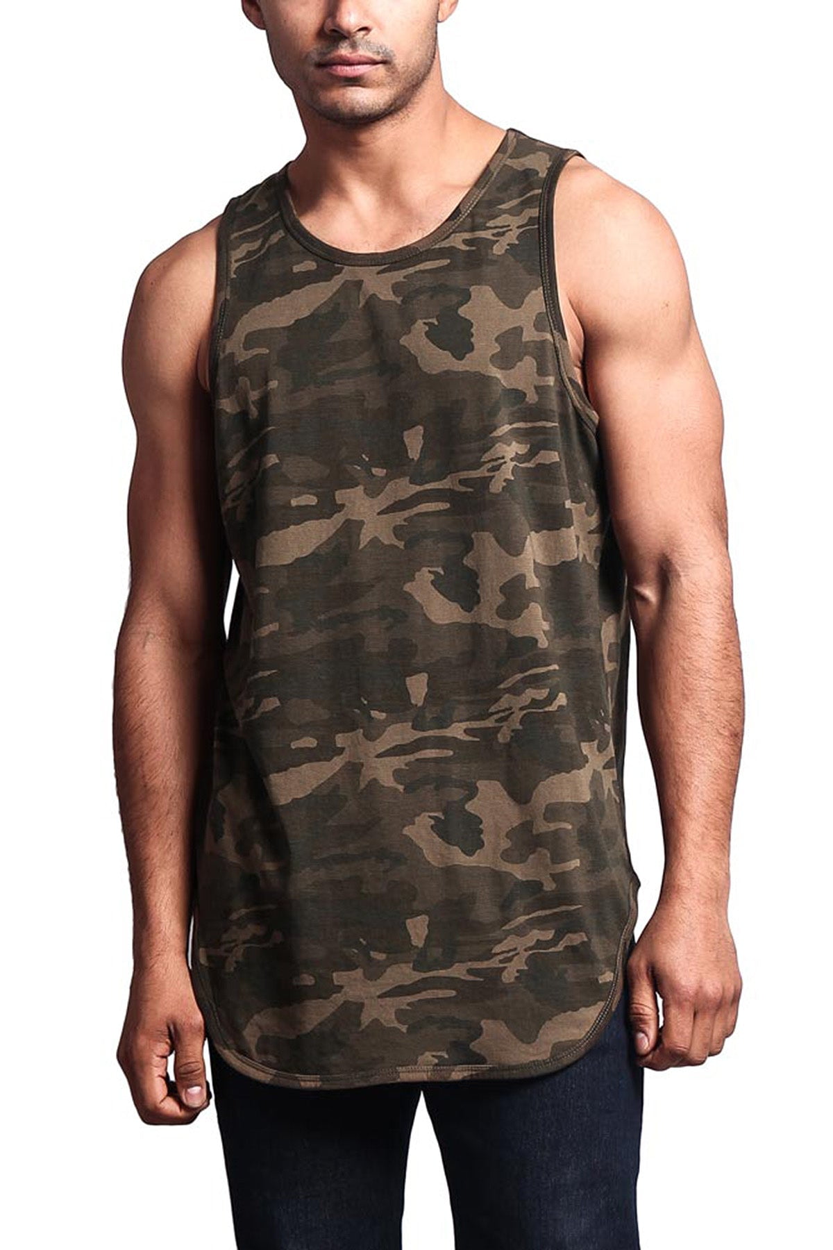G-Style USA Solid Color Long Length Curved Hem Tank Top - Camo - 3X ...