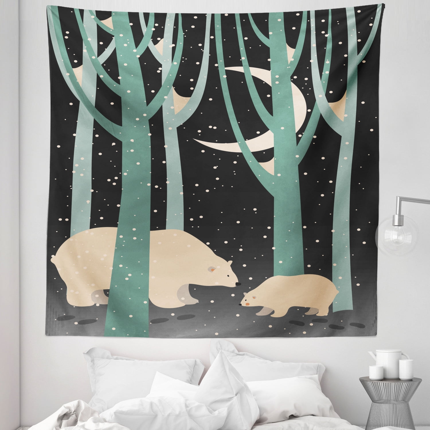 Cartoon Tapestry, Mother Polar Bear and Cub in Forest Winter Season ...