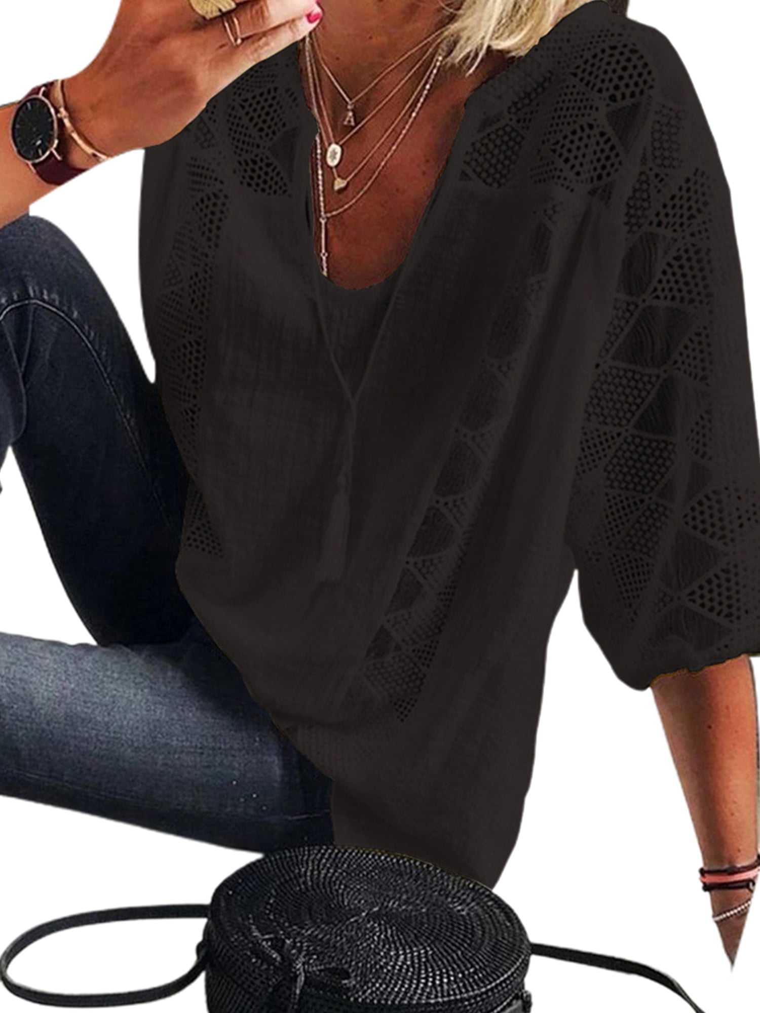 VSNOW Women Plus Size Casual Cotton Linen Lace 3/4 Sleeve Tops Blouse S ...