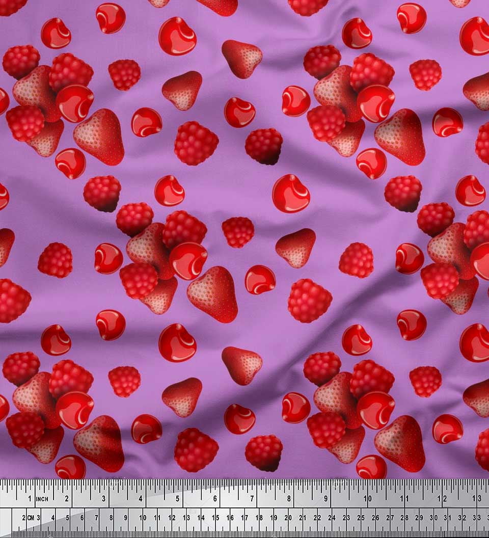 Soimoi Polyester Crepe Fabric Raspberry,Strawberry & Cherry Fruits ...