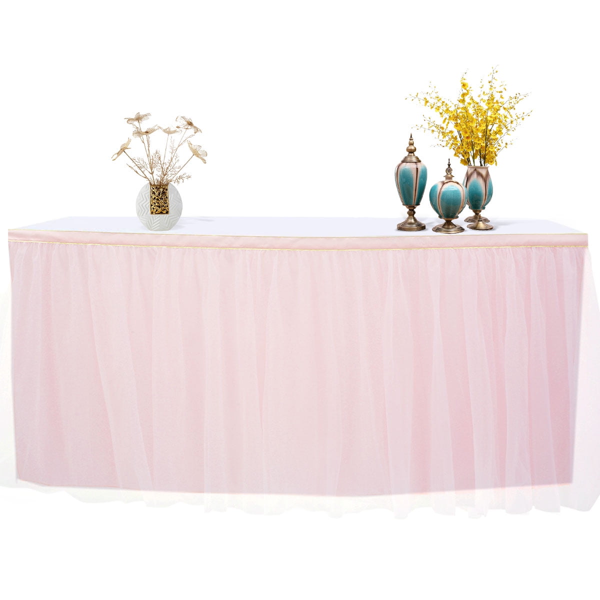 JTWEEN Gold Brim Tutu Table Skirt Tulle Tablecloth 6/9 Ft Tulle Table ...