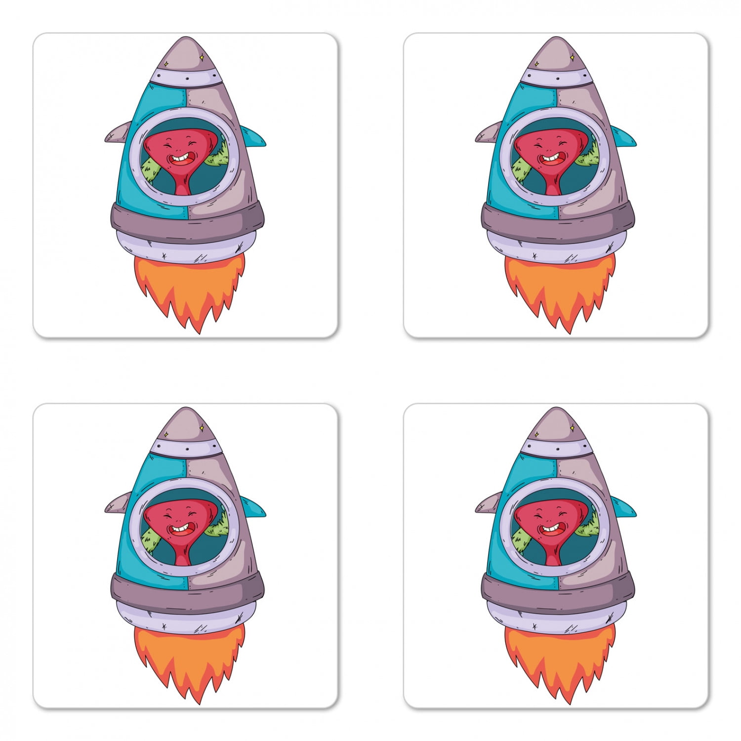 Alien Coaster Set of 4, Illustration of a Creature in a Spaceship ...