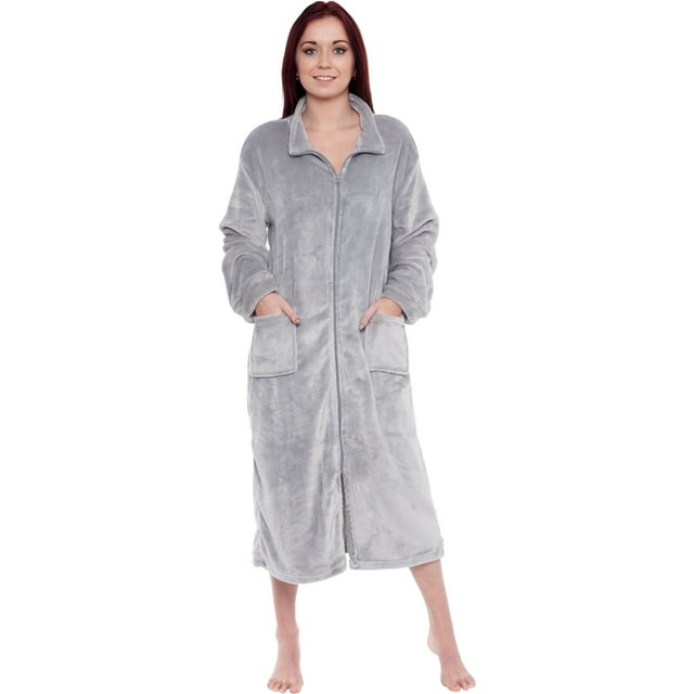 Silver Lilly Women's Full Length Zip Up Robe - Plush Fleece Long Zipper Housecoat (Light Grey ...