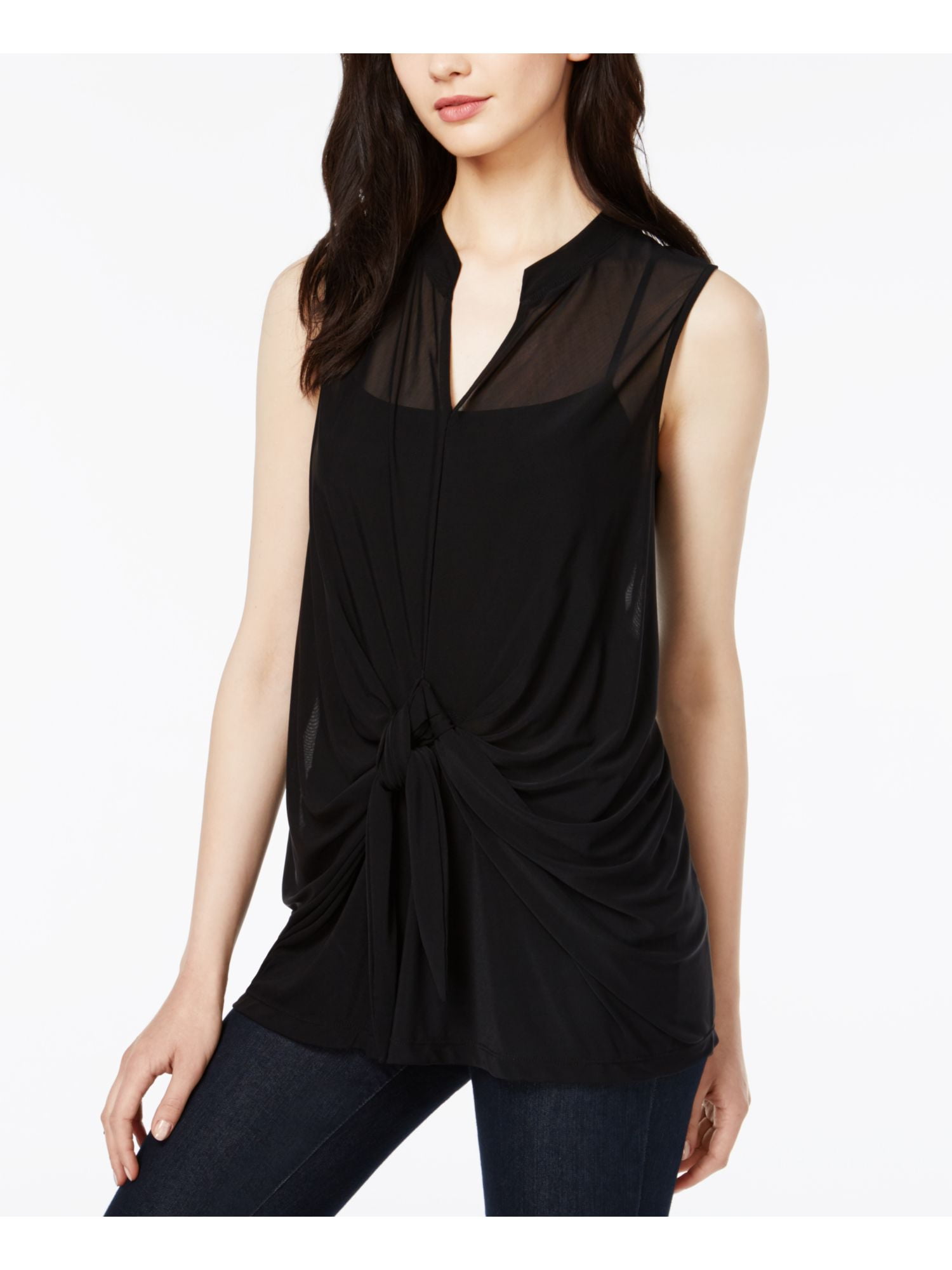 Bar III - BAR III Womens Black Sheer Gathered W/o Cami Sleeveless V ...