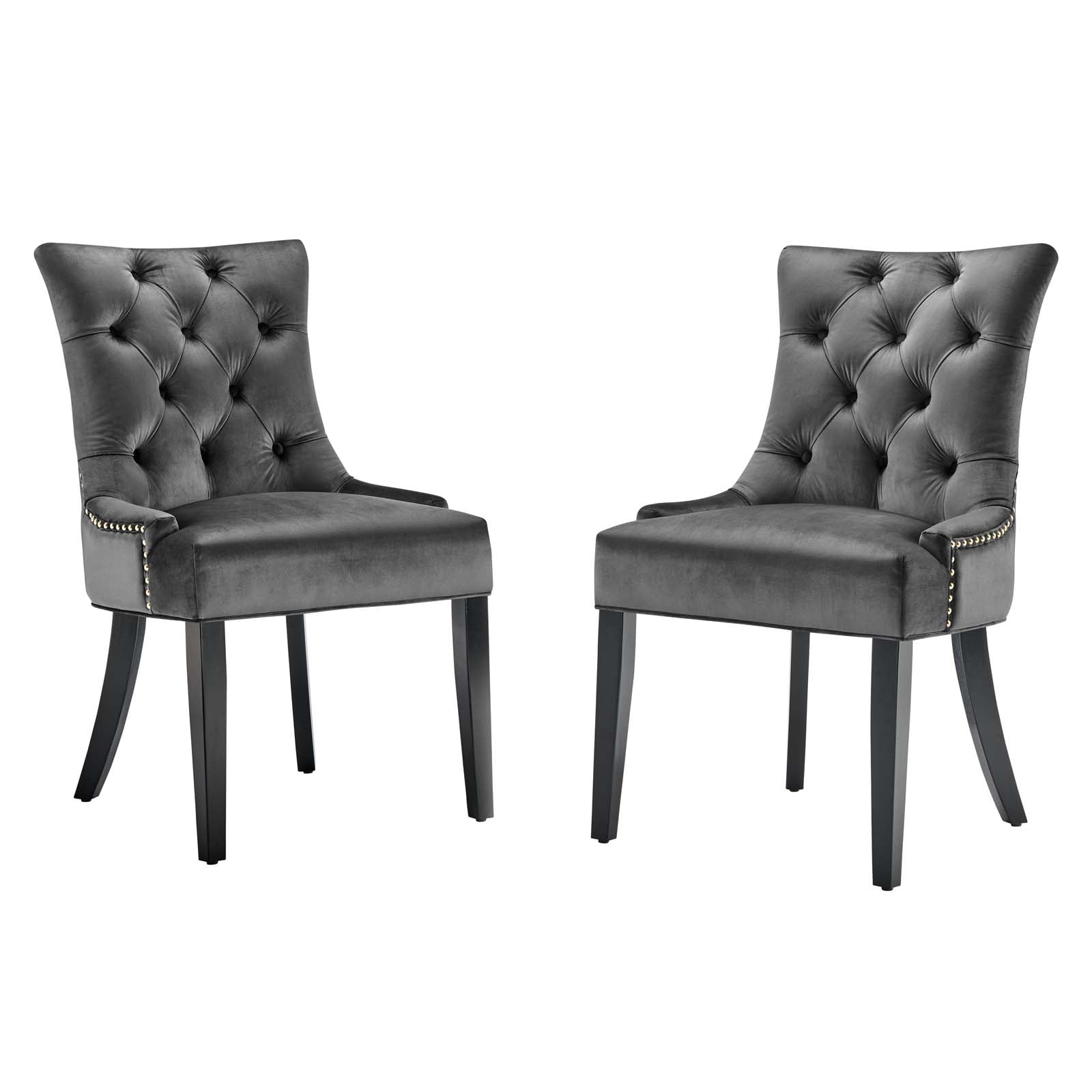 Tufted Side Dining Chair, Set of 2, Velvet, Wood, Dark Grey Gray ...
