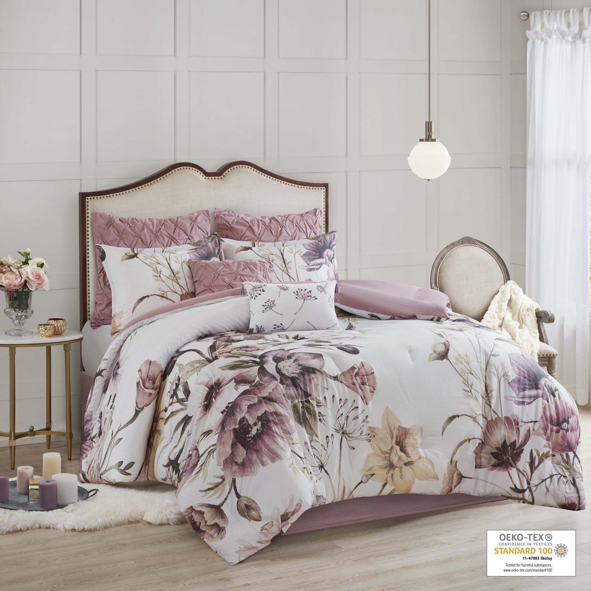 Home Essence Maddy 8 Piece Blush Cotton Floral Comforter Set, Queen ...