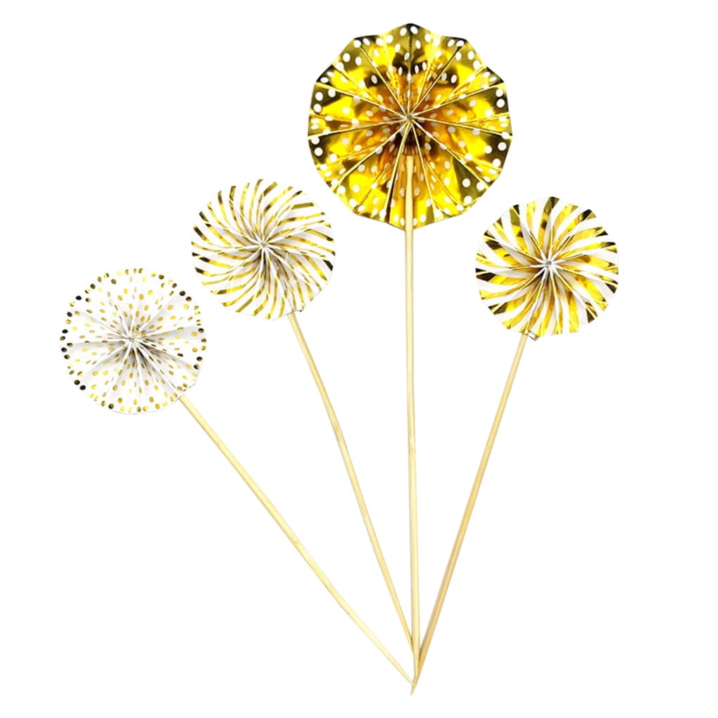 4pcs Paper Fans Decoration Birthday Party Gold Cake Topper Set Colorful ...
