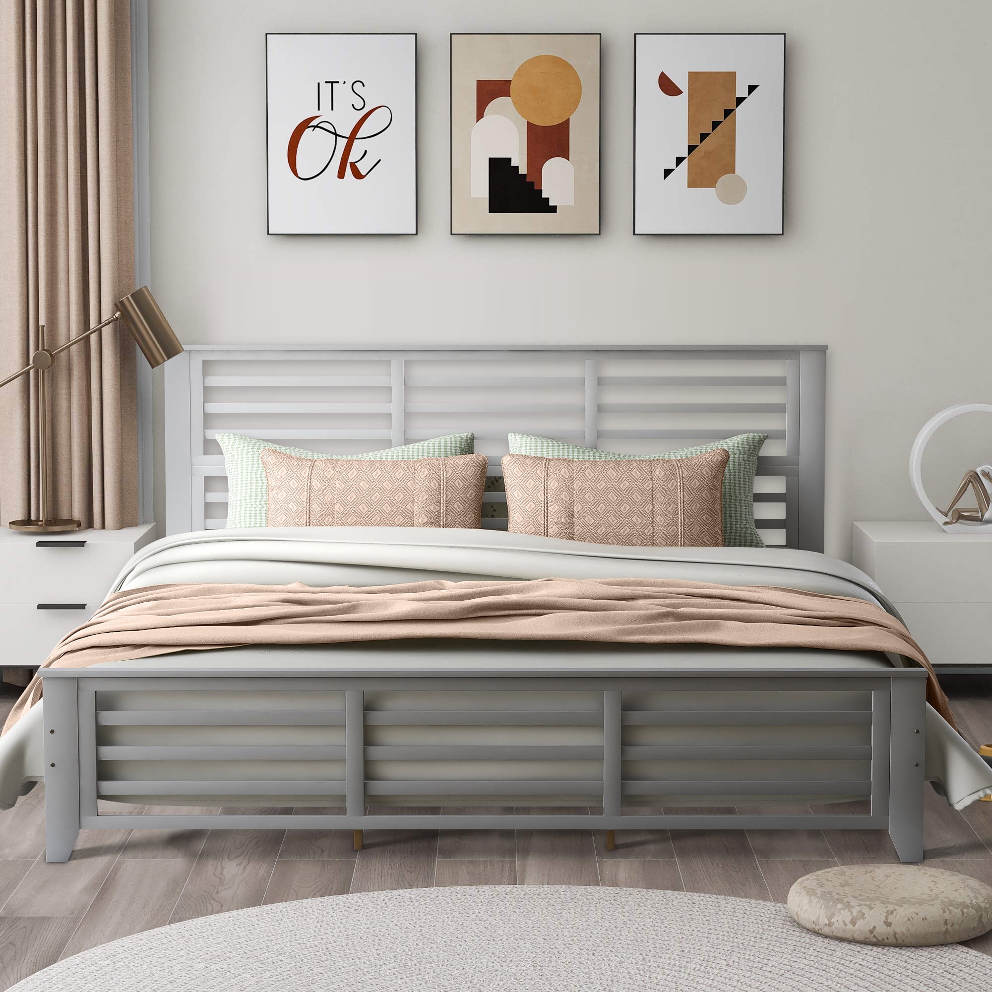 SYNGAR King Bed Frames with Headboard, Solid Wood King Platform Bed, No ...