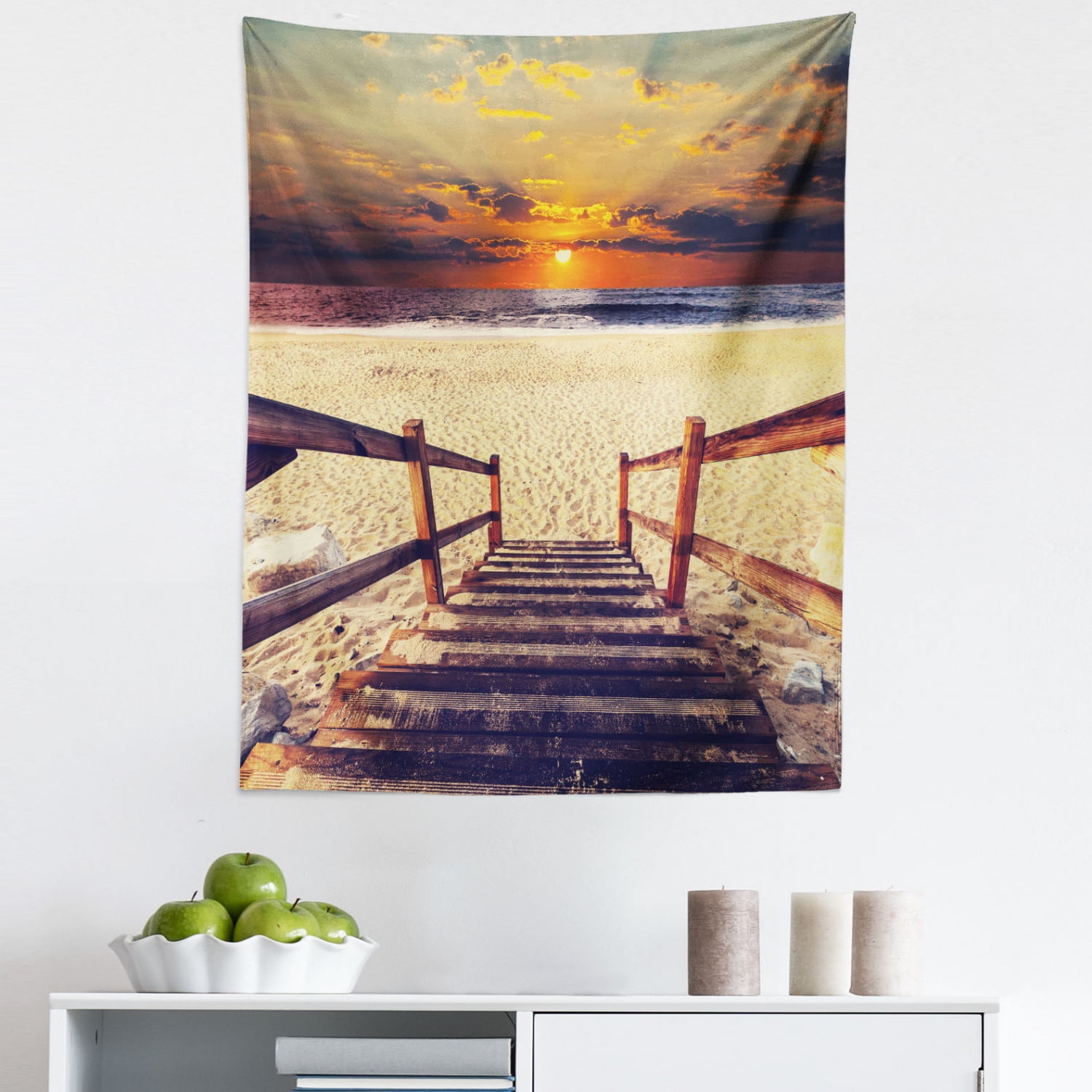 Beach Tapestry, Stairs Lead to the Beach with Dramatic Horizon Scenery ...