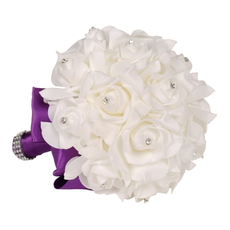 White Rose Bouquet With Purple Crystals