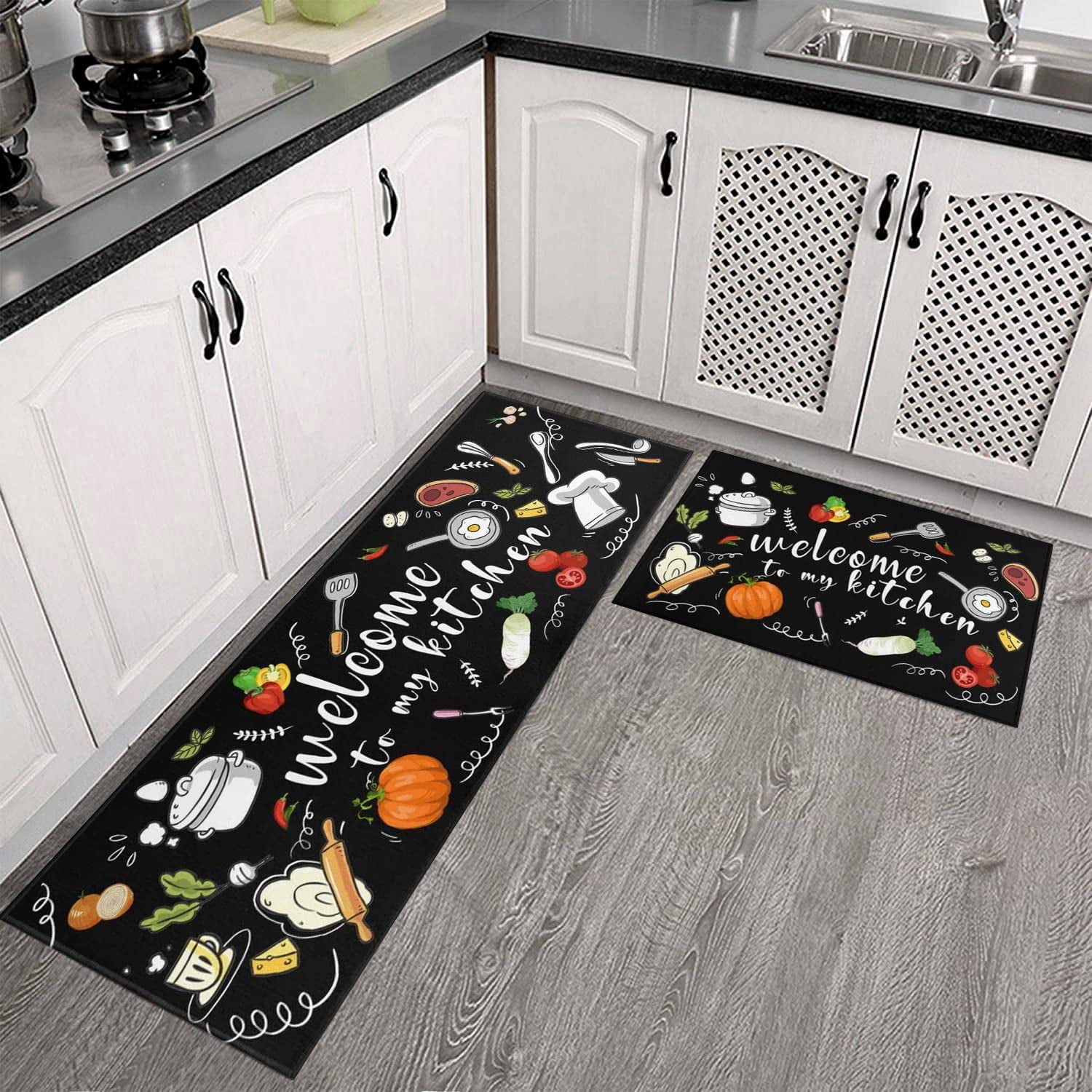 Culturalnav Kitchen Mat Set of 2 Non Slip Black Kitchen Runner Rug ...