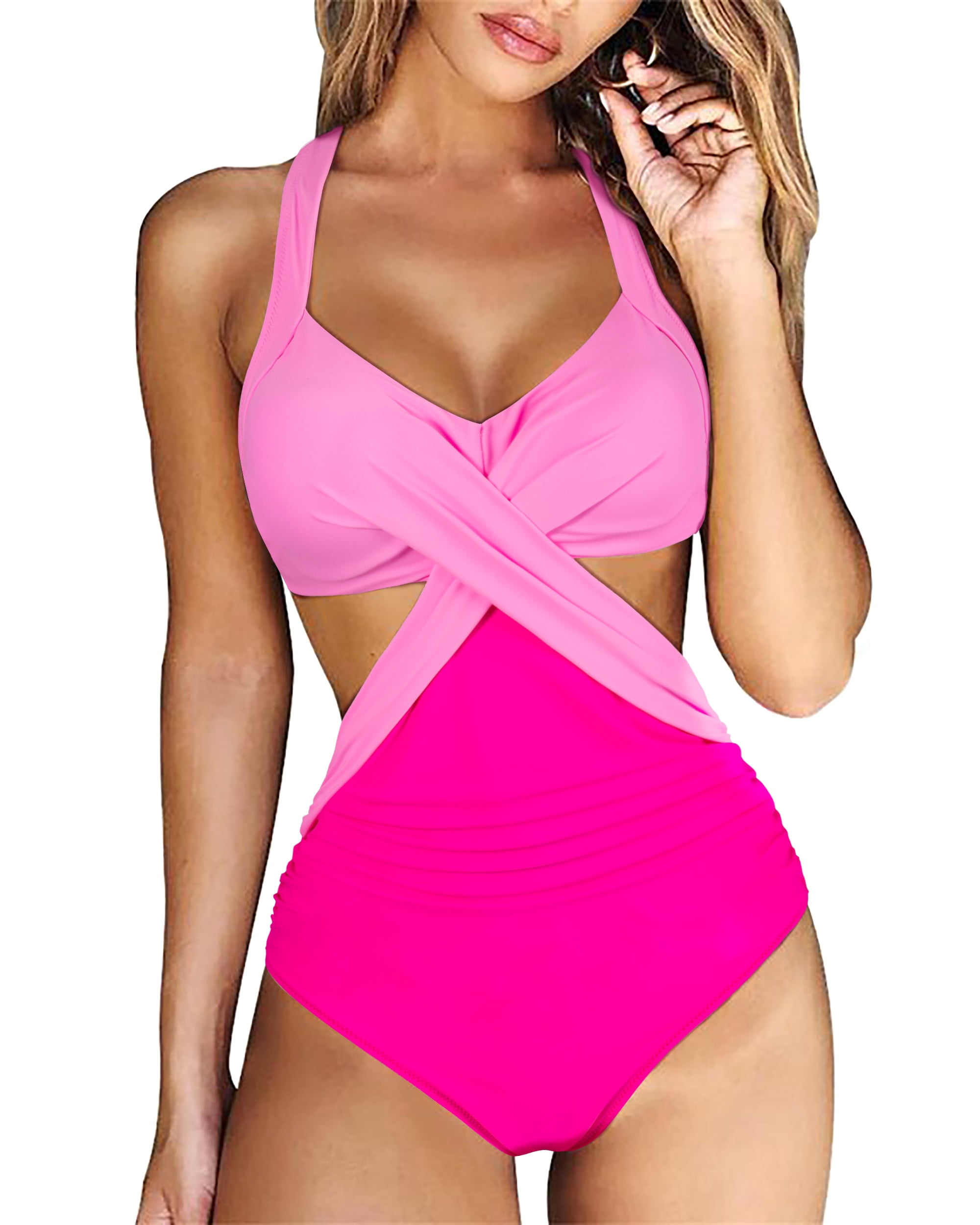 Rxrxcoco Women Front Cross Cutout One Piece Swimsuit Tummy Control High