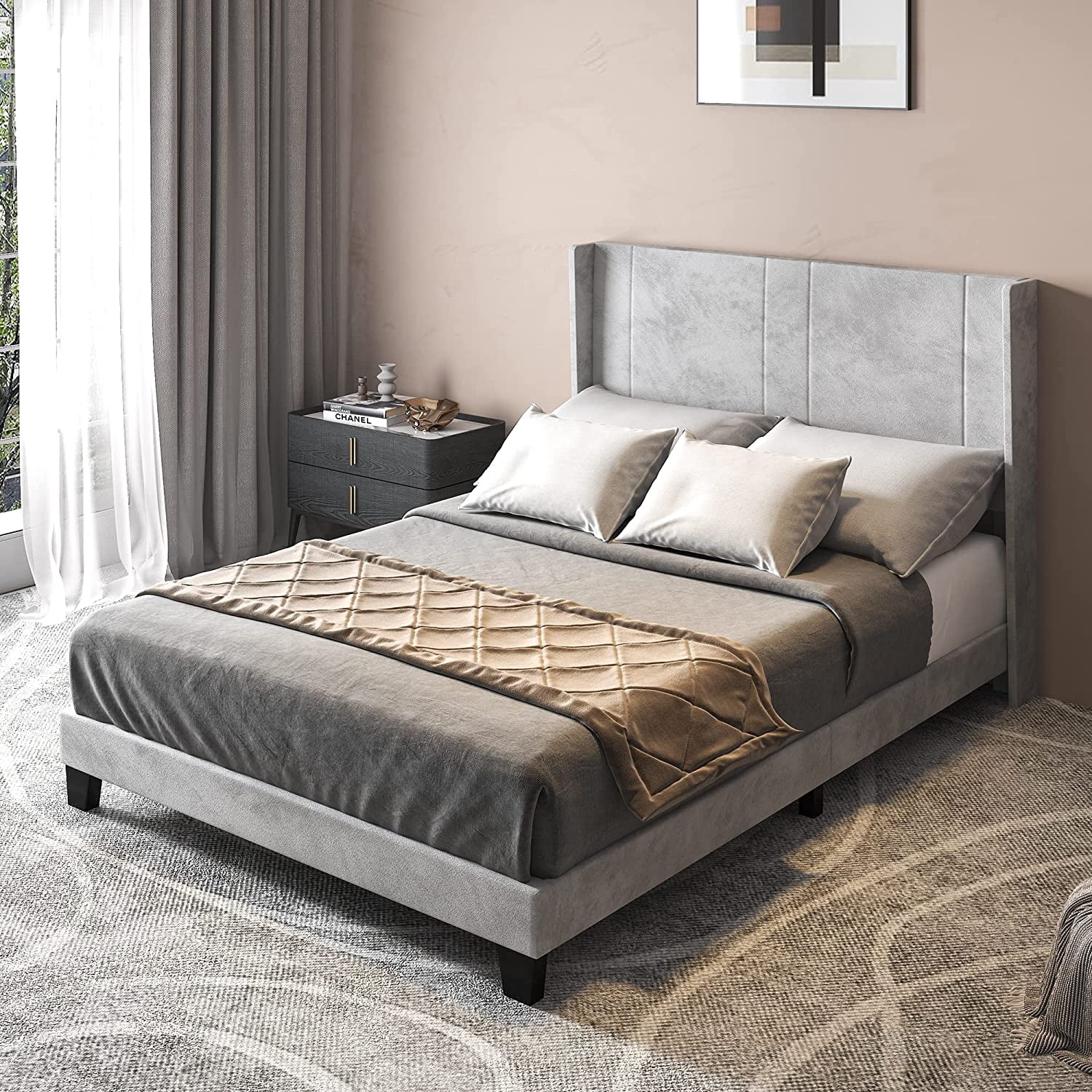 SHMAMT Upholstered Wingback Platform Bed with Headboard, Bed Frame with ...