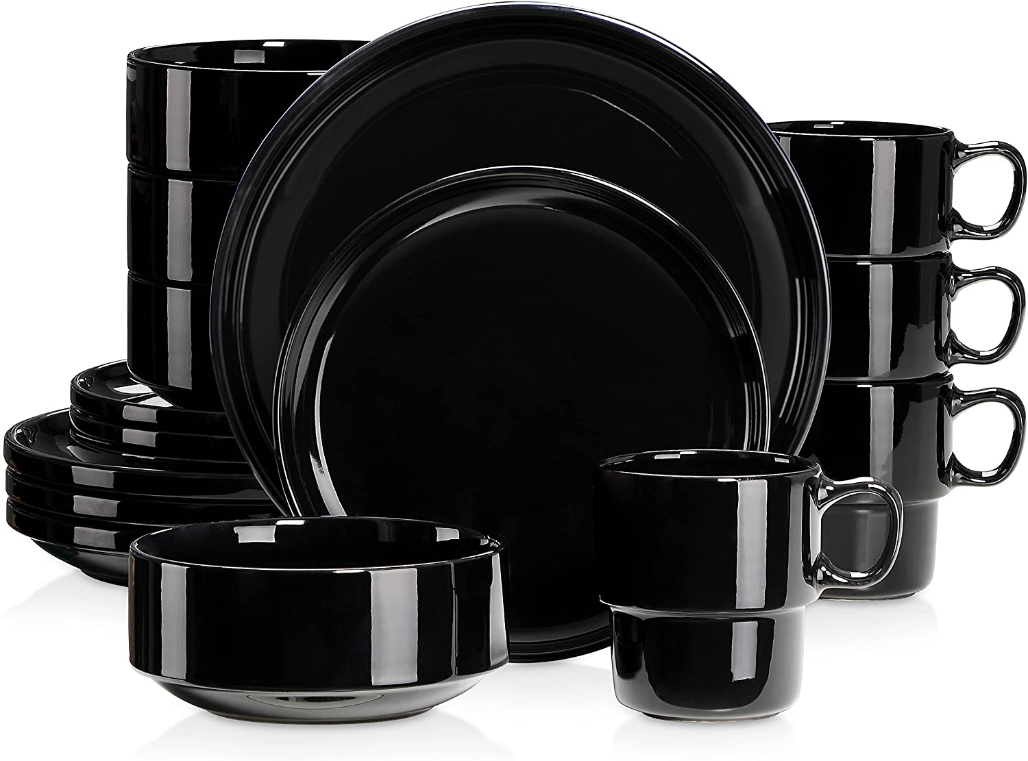 LOVECASA, 16-Piece Porcelain Dinnerware Sets, Black Dinner Set, Service ...