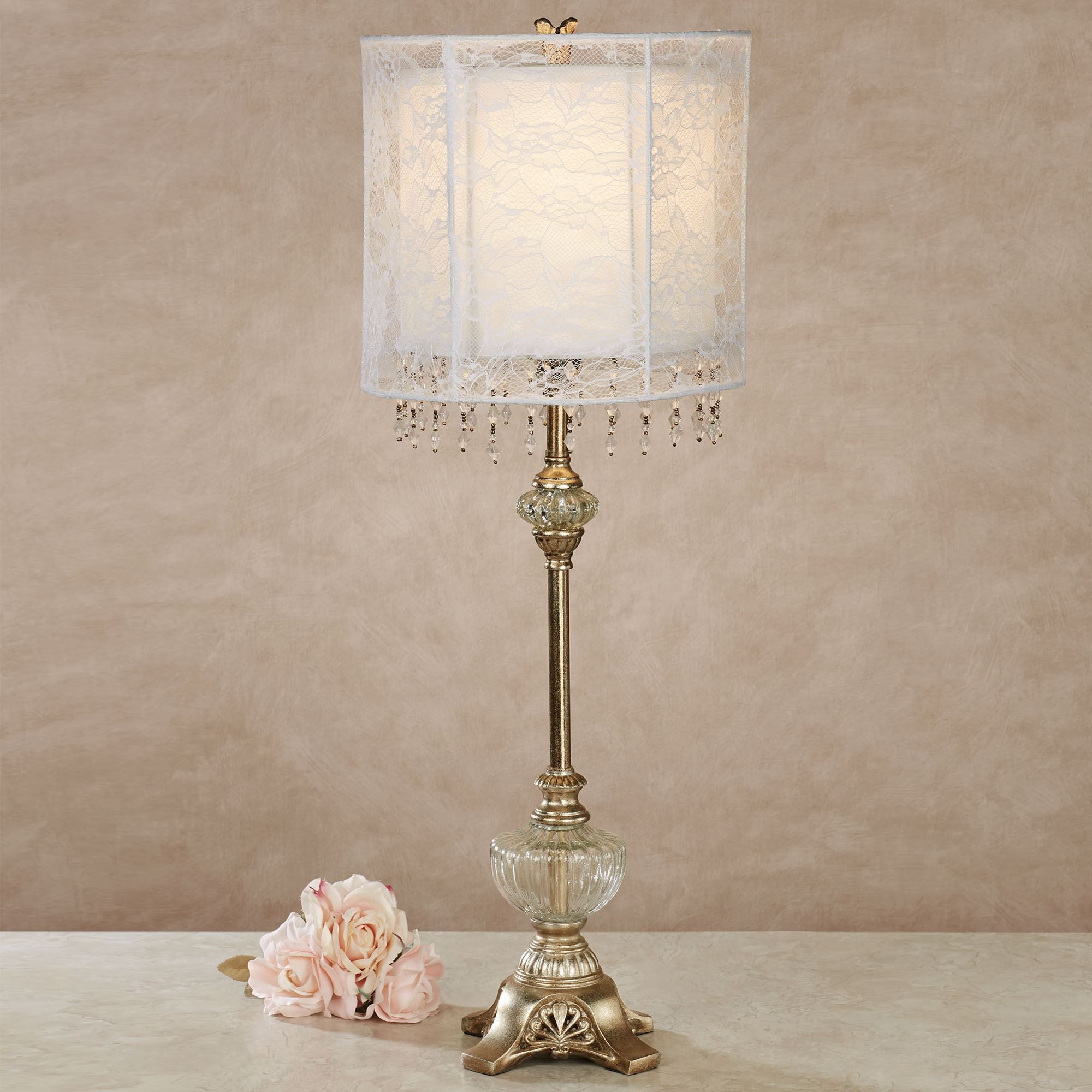 Charlesia Champagne Gold Table Lamp with Beaded Lace Double Shade ...