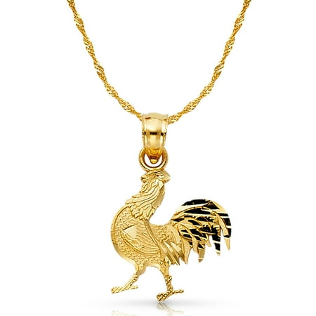 Ioka - 14K Yellow Gold Rooster Charm Pendant with 1.2mm Singapore Chain ...