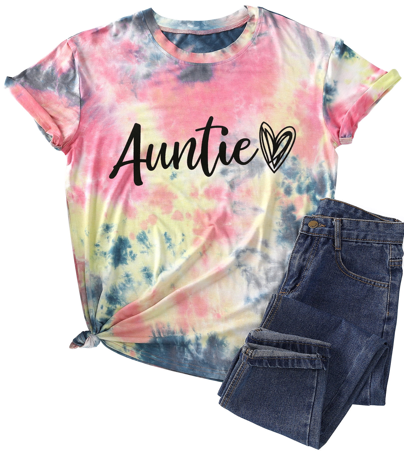Auntie T Shirt Women Cute Love Heart Print Bless Aunt Tops Tees Casual Short Sleeve Vacation ...