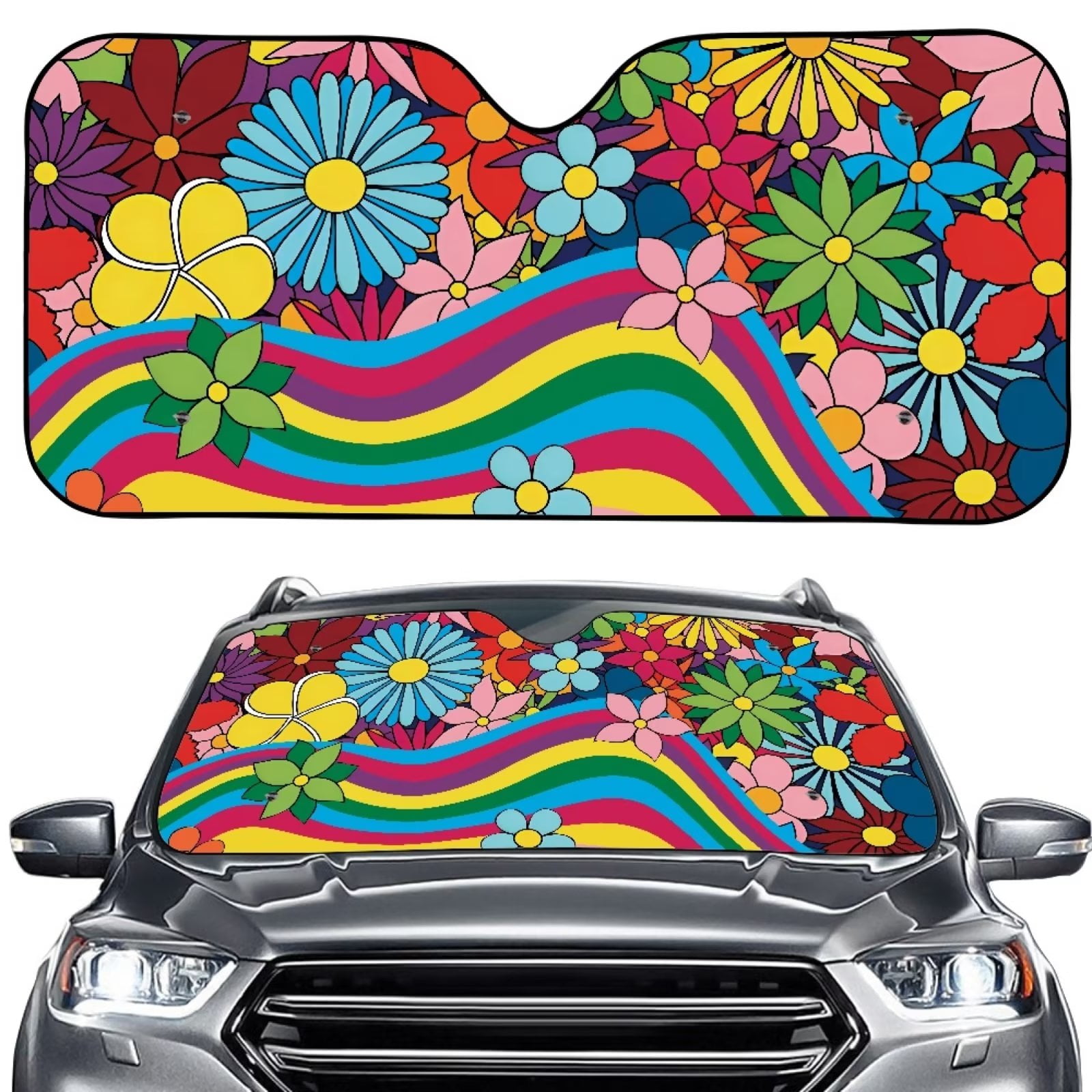 NETILGEN Rainbow Abstract Hippy Flowers Car Sunshade Accordion Folding ...