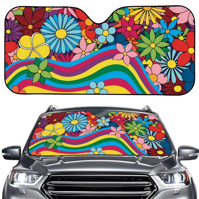NETILGEN Rainbow Abstract Hippy Flowers Car Sunshade Accordion Folding ...
