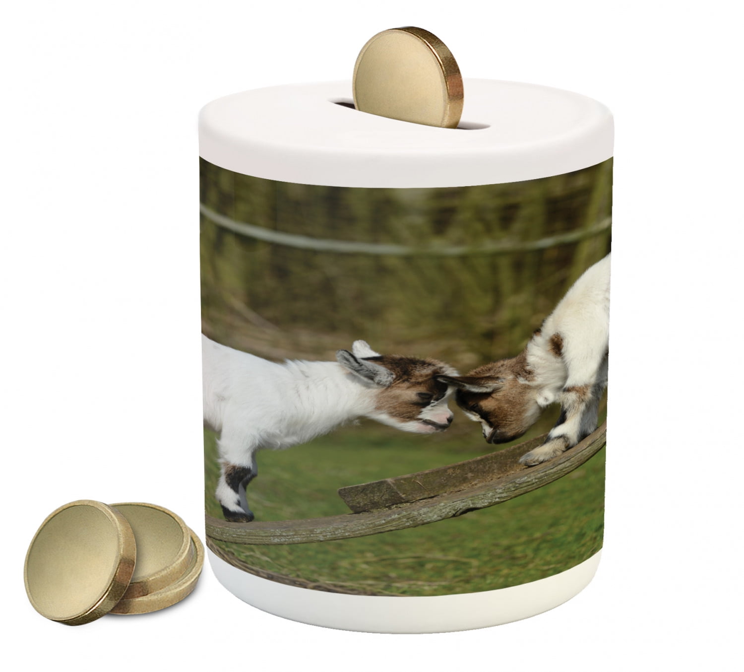 Animal Piggy Bank, Little Goats on a Bench Their Horns Picture Image ...