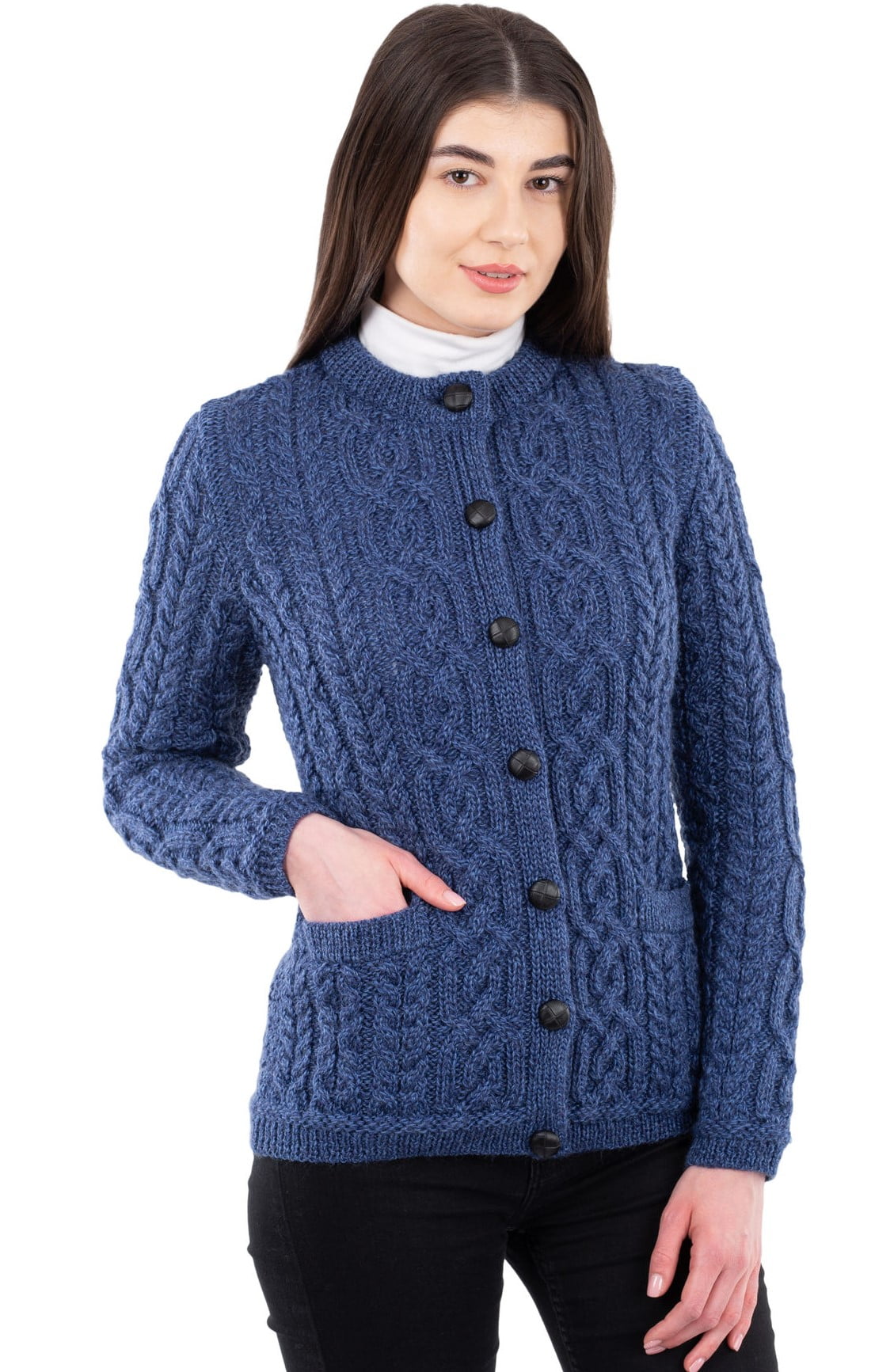 SAOL 100% Merino Wool Women's Aran Button Up Cable Knit Cardigan ...