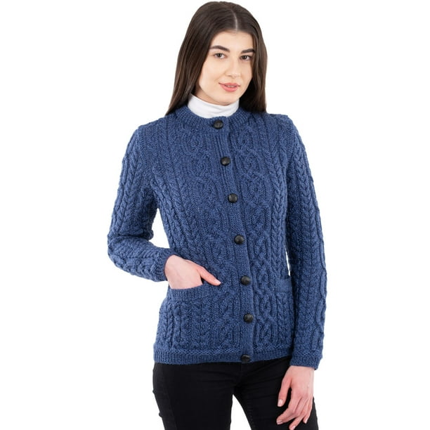SAOL 100% Merino Wool Women's Aran Button Up Cable Knit Cardigan ...