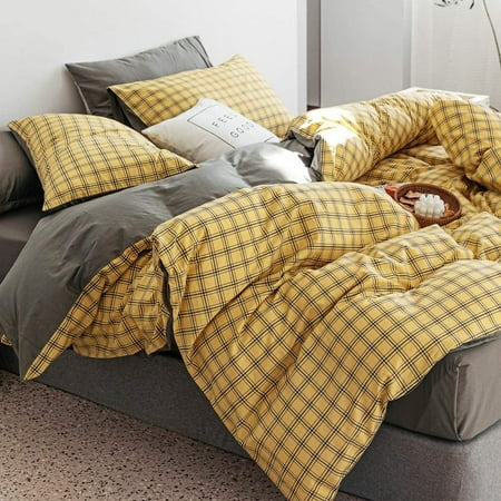 Yellow Plaid Bedding Set Queen Duvet Cover Set Cotton Grid Bedding ...
