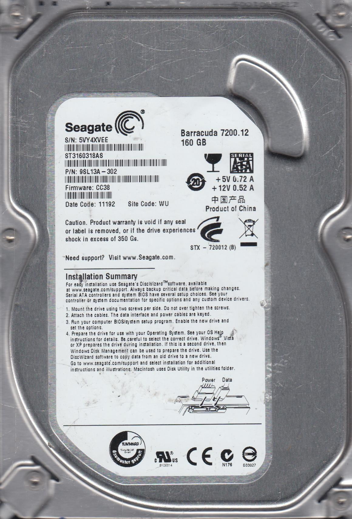 ST3160318AS, 5VY, WU, PN 9SL13A-302, FW CC38, Seagate 160GB SATA 3.5 ...