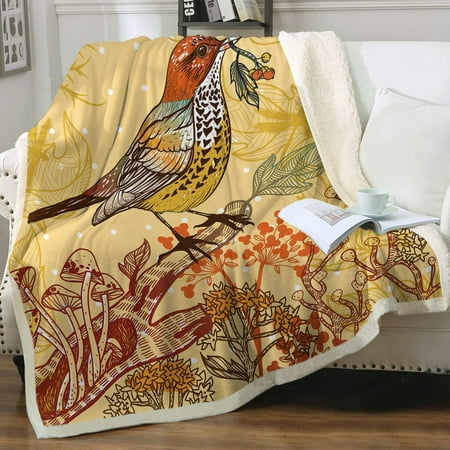 Vintage Bird Fleece Throw Blanket Antique Garden Autumn Tree Mushroom ...