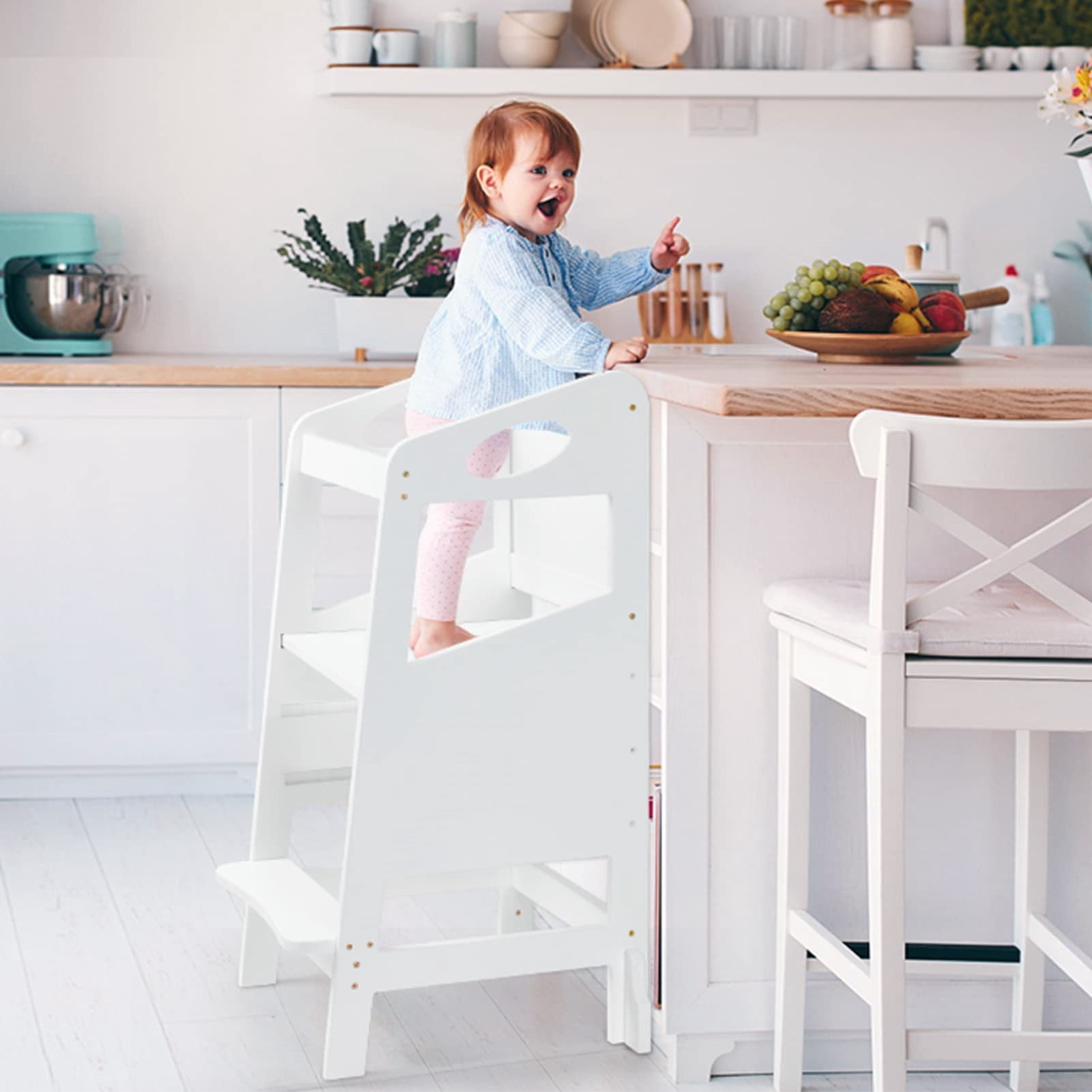 Toddler Kitchen Stool Helper, Wooden Learning Tower with Safety Rail ...