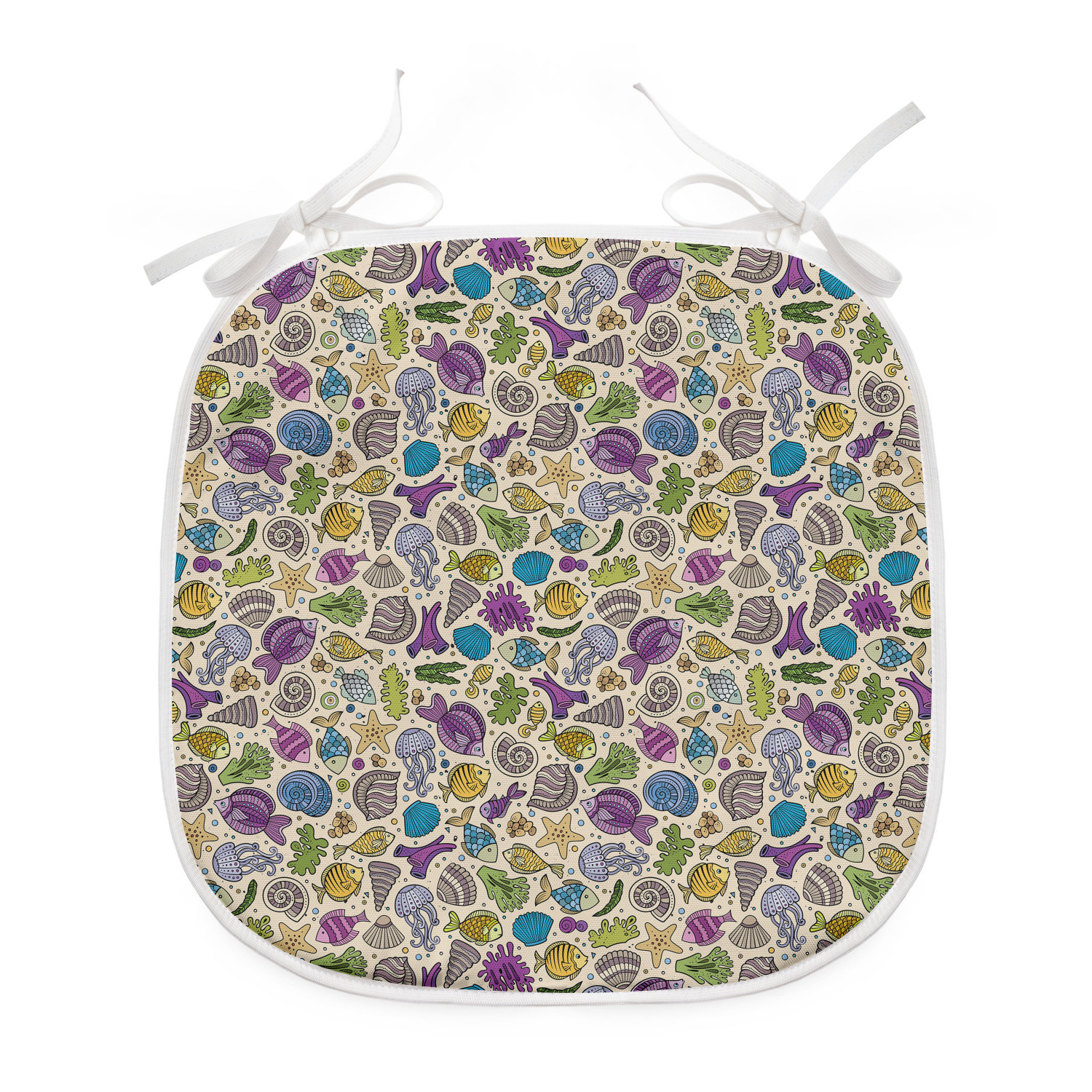 Cartoon Dining Chair Pad, Colorful Undersea Ocean Creatures Shells Fish ...