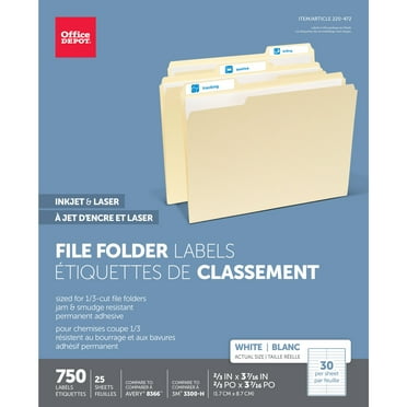 Avery File Folder Labels, 1/3 Cut, 2/3" x 3-7/16", Paper, White, Laser ...