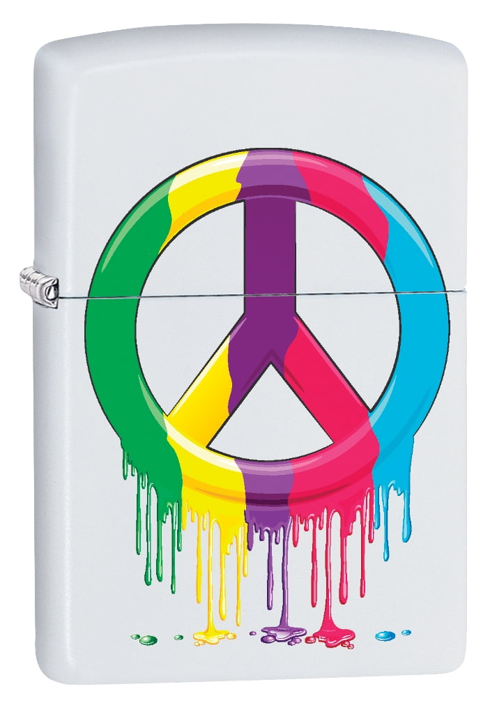 Zippo Lighter: Rainbow Peace Sign with Dripping Paint - White Matte ...