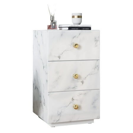 Bedside Table, Functional Nightstand with 3 Drawers, White Marble ...