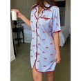 Blue Striped Bow Print Button-Front Loose Sleep Dress With Contrast ...